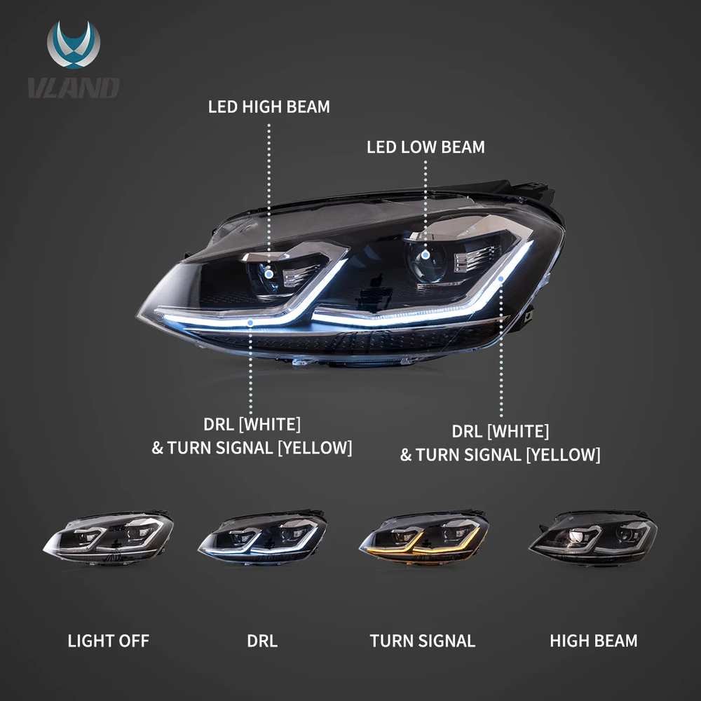 VLAND UK 15-17 Volkswagen Golf 7th Gen (Mk7,Typ 5G) Vland Projector He ...
